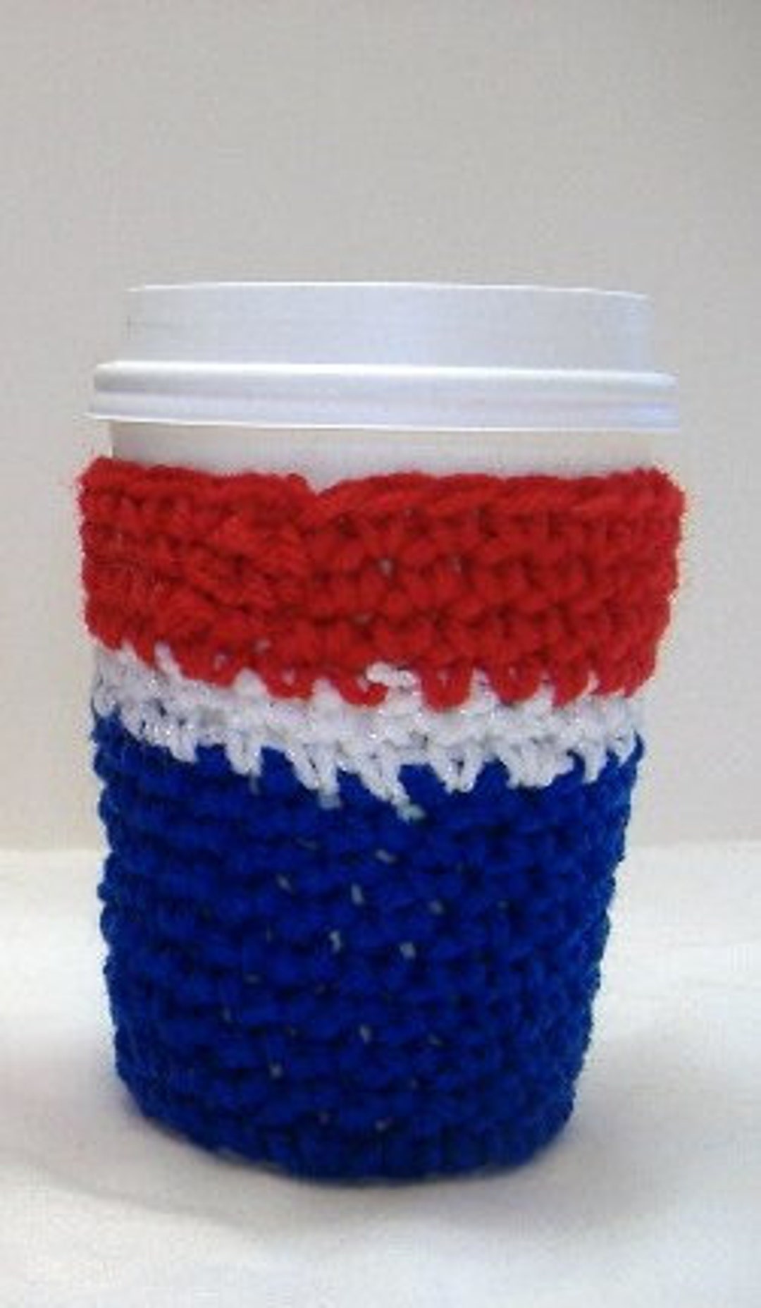 Coffee Cup Cozi Cover Tea Sweater Cozy Red White Blue Crochet ...
