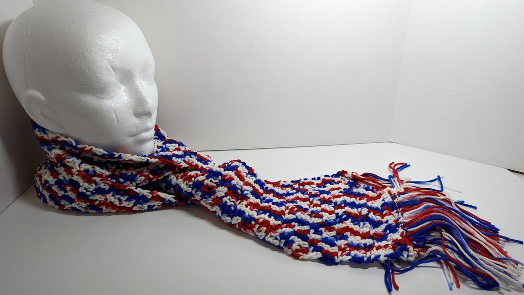 Red White Blue Scarf 79x5 Oversize Long Muffler Chunky Handmade Crochet ...