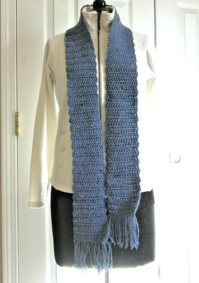 Blue Wool Scarf 74x4 Long Narrow Light Soft Handmade Crochet Hand Knit ...