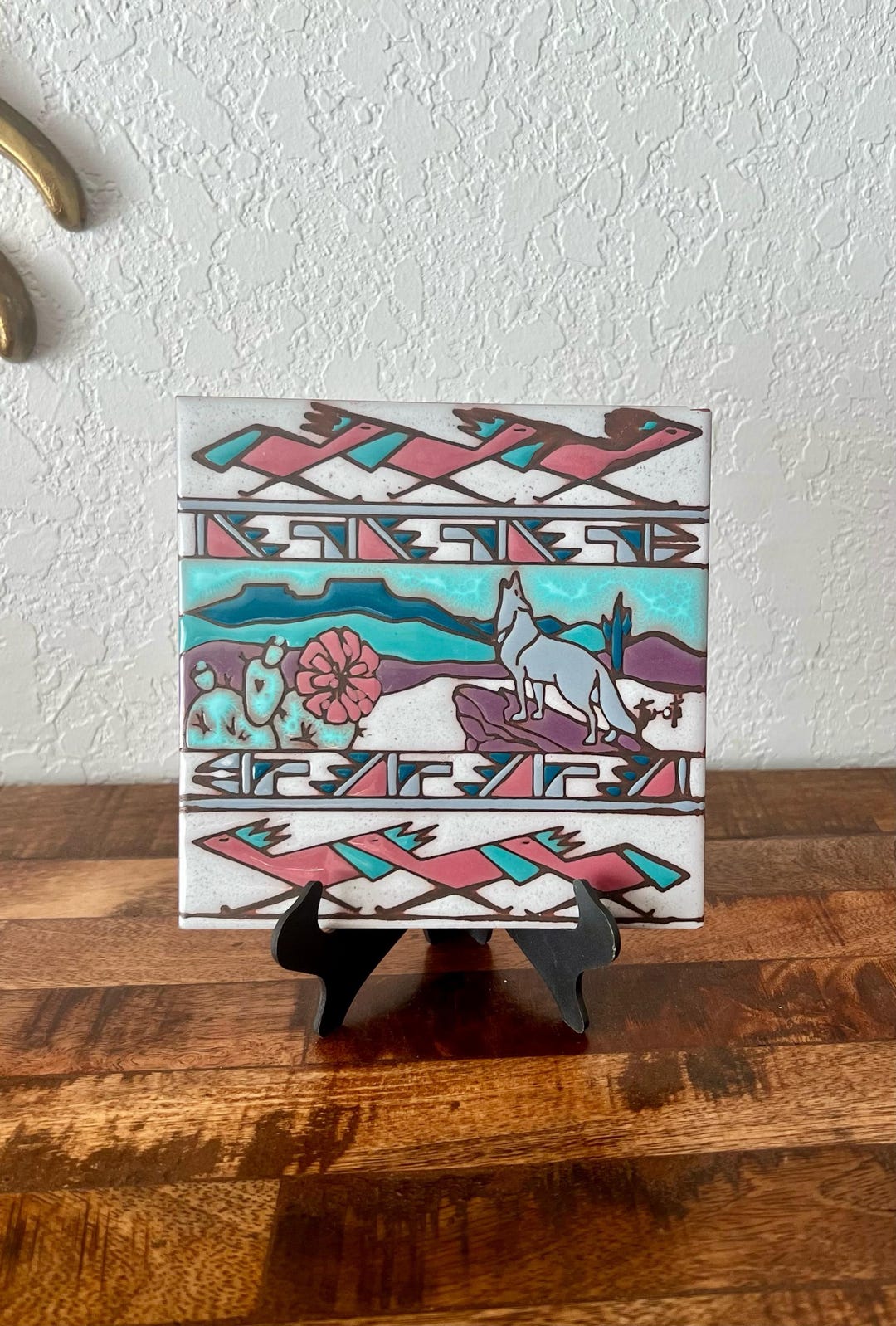 Vintage Southwestern Ceramic Art Tile, Howling Wolf Desert Scene ...