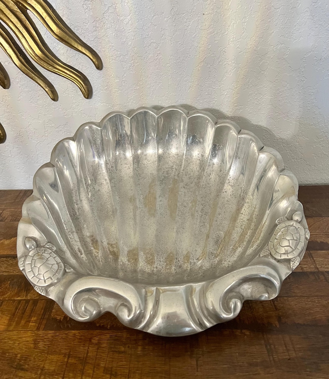 Large Vintage Seashell Serving Bowl With a Turtle-motif, Pewter or ...
