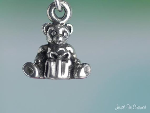 Tiny Sterling Silver Teddy Bear With Gift Present Charm 3D | Etsy