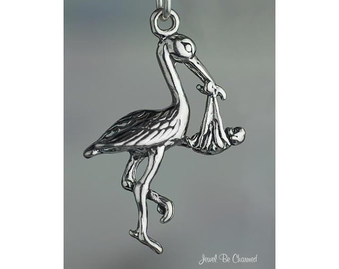 Sterling Silver Stork Charm Delivering Baby for New Mom 3D Solid .925 ...