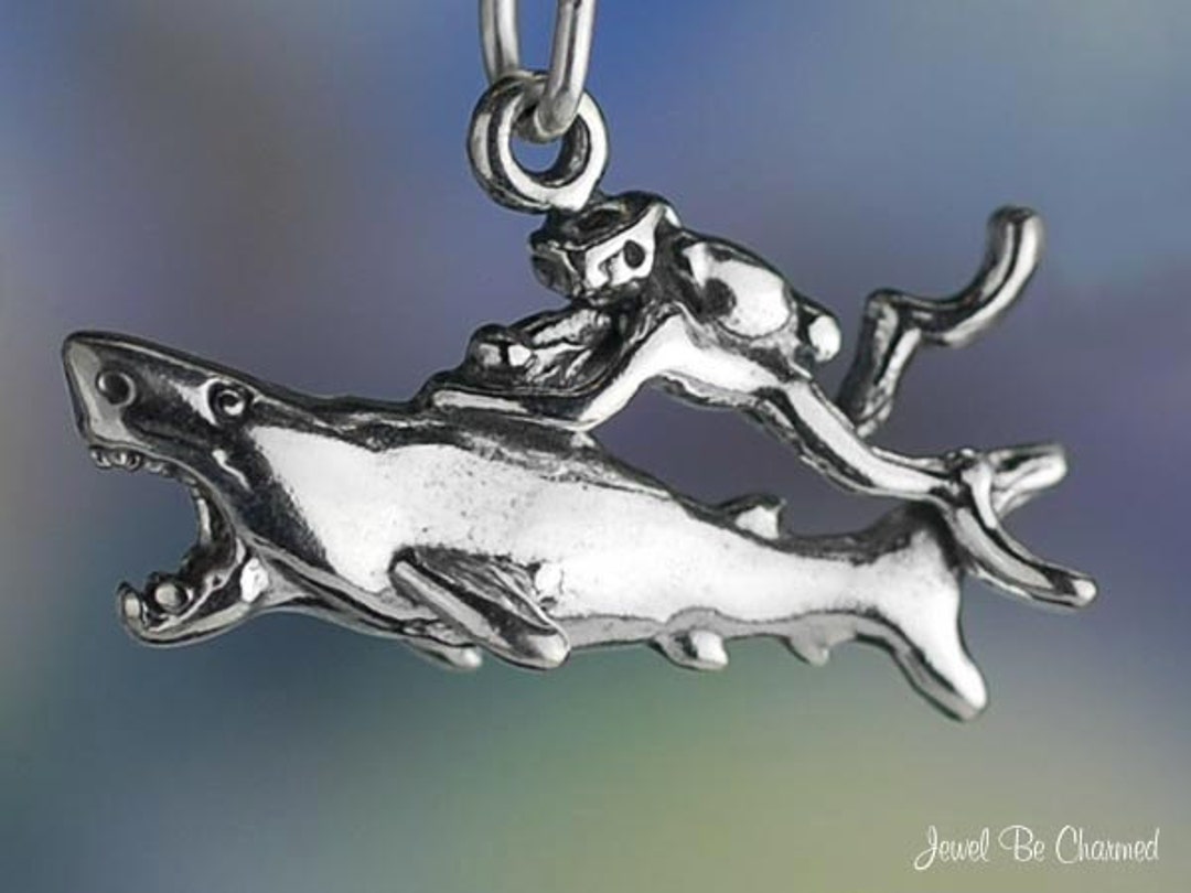 Sterling Silver Scuba Diving Charm Diver Shark Swimming 3D Solid .925 ...