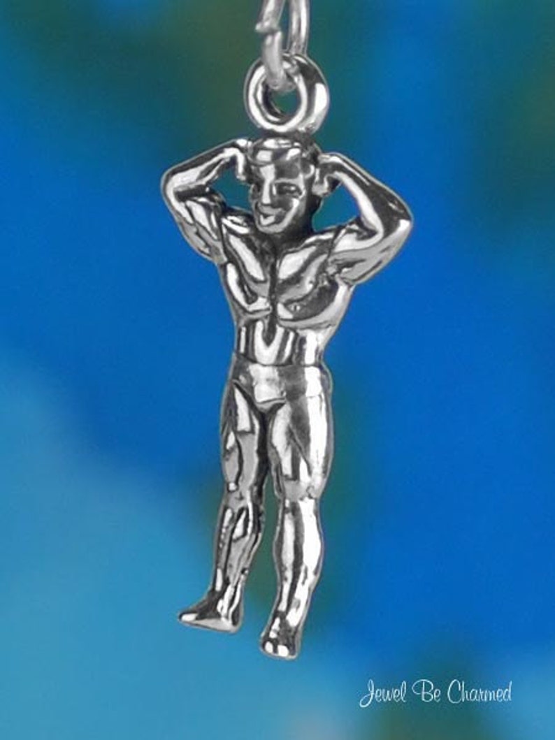 Sterling Silver Bodybuilder Charm Bodybuilding Training 3D Solid .925 ...