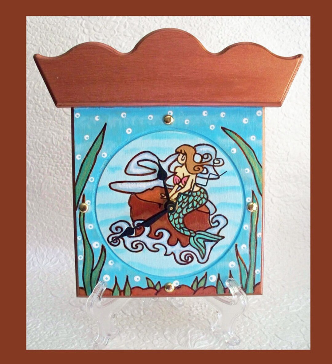 Mermaid Wall or Table Clock With Bonus Stand, Handmade, Woodburn Design ...