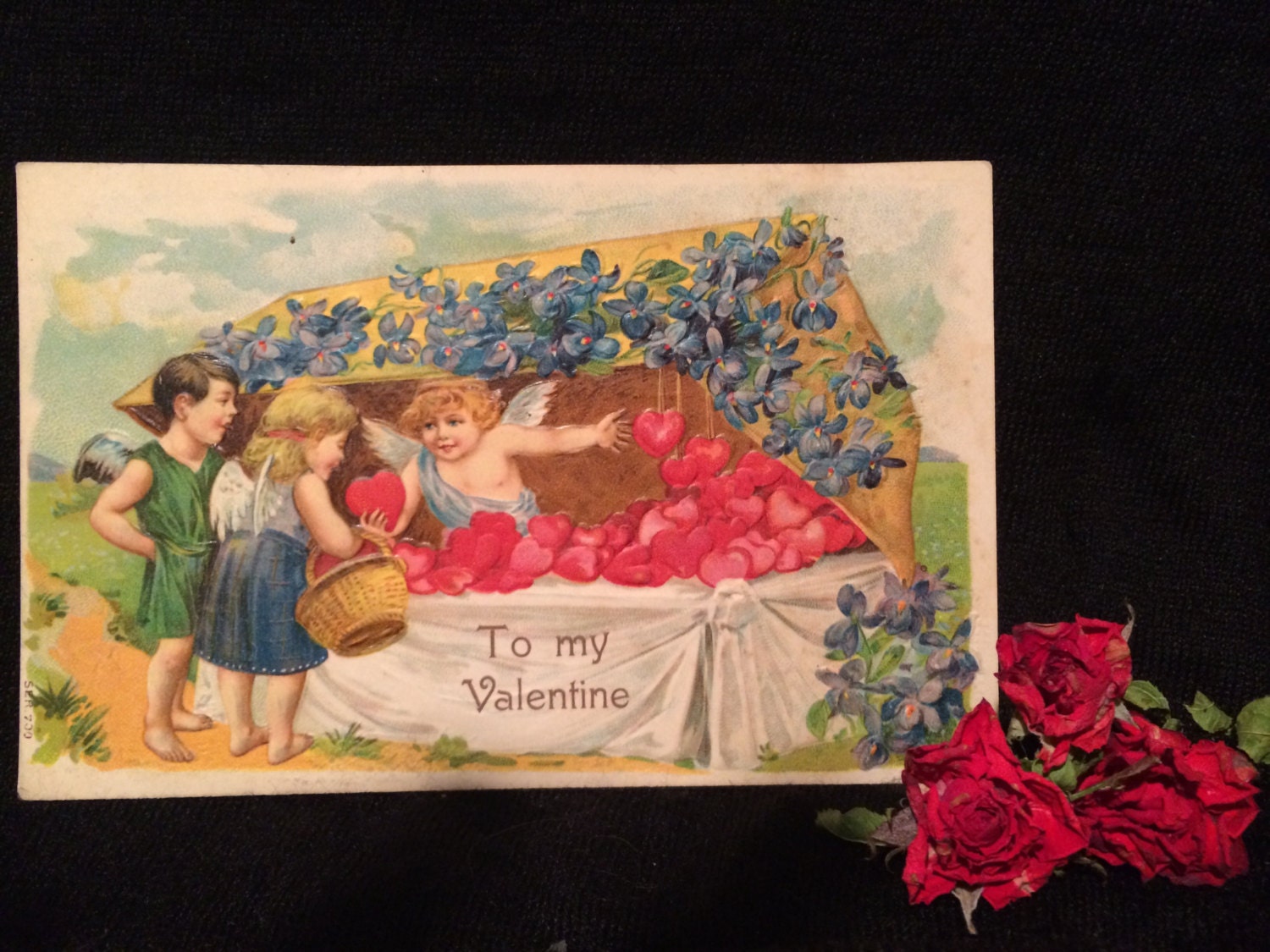 Valentine Postcard - Girl and Boy - Cupid Selling Hearts - Violets ...