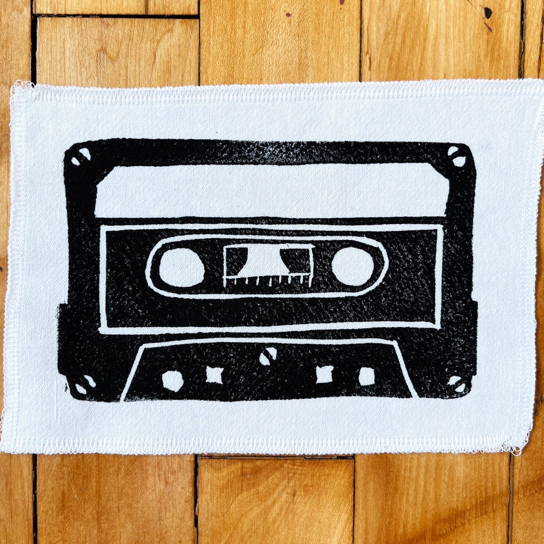 Hand Printed Linocut Block Print 80's Cassette Mix Tape Ready to Sew ...