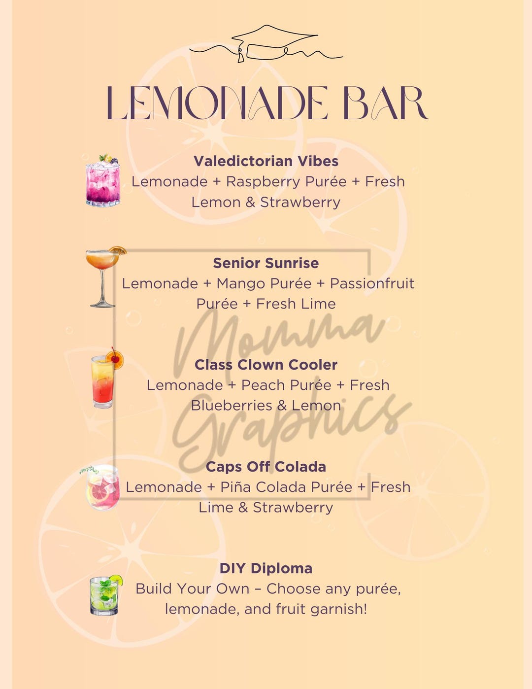 Lemonade Bar Menu Printable Non-alcoholic Drink Station Sign Graduation ...