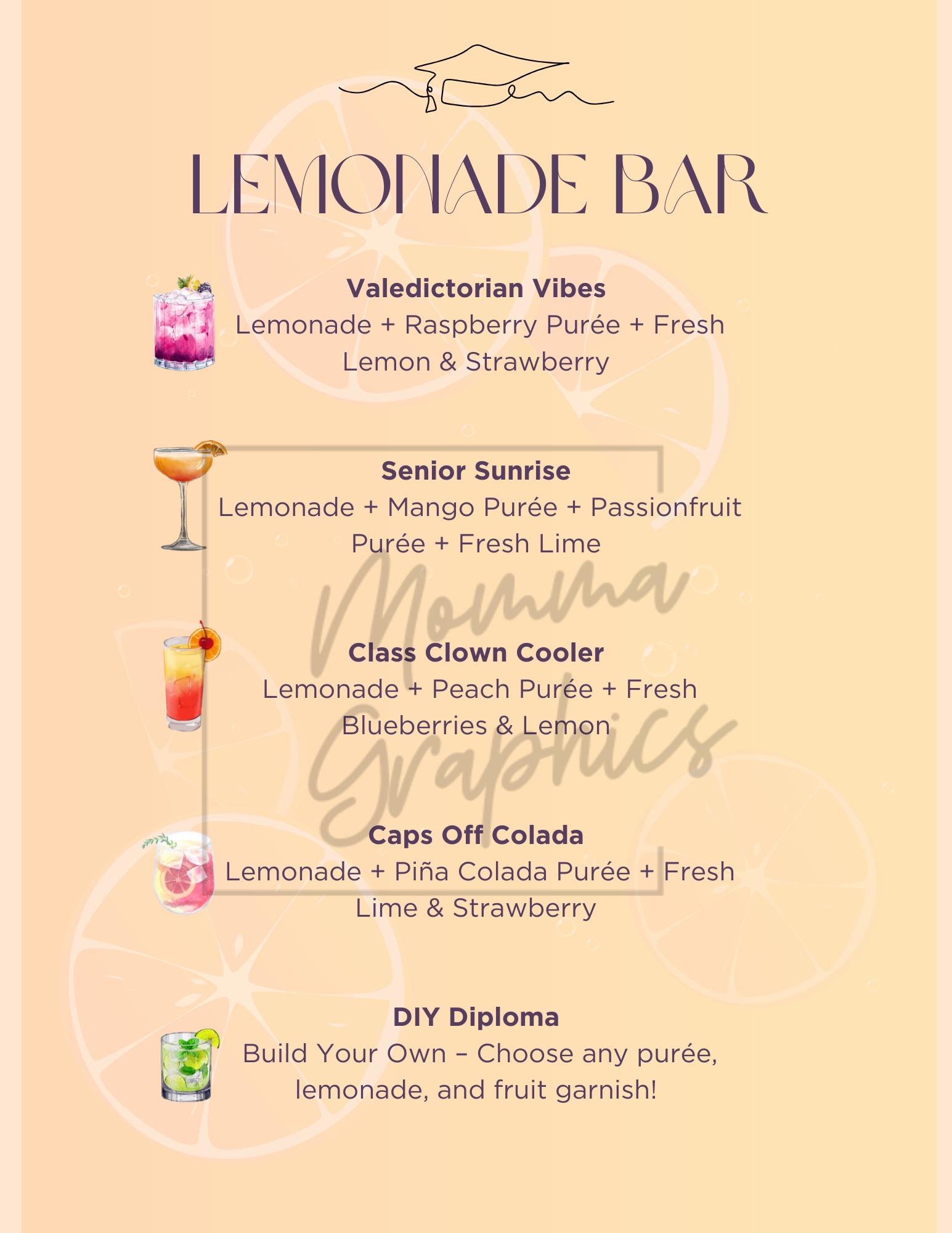 Lemonade Bar Menu Printable Non-alcoholic Drink Station Sign Graduation ...