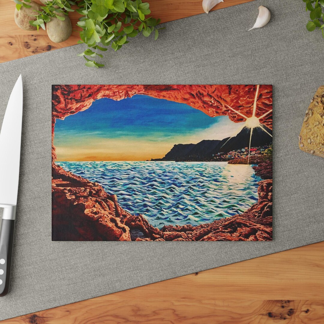 Ocean Beach Town -themed Glass Cutting Board, Ocean Decor, Kitchen Gift ...