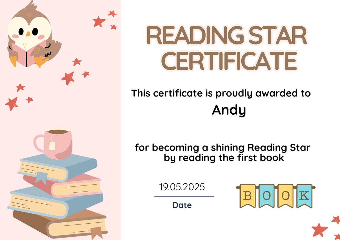 Reading Star Certificate | Printable Award for Kids | Digital Download ...