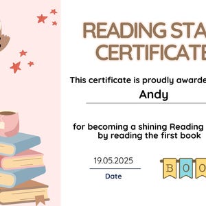 Reading Star Certificate | Printable Award for Kids | Digital Download ...