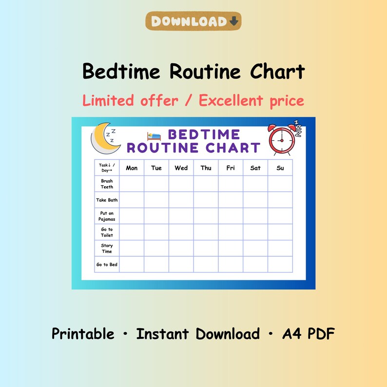 Bedtime Routine Chart for Kids | Printable Daily Checklist | Limited ...
