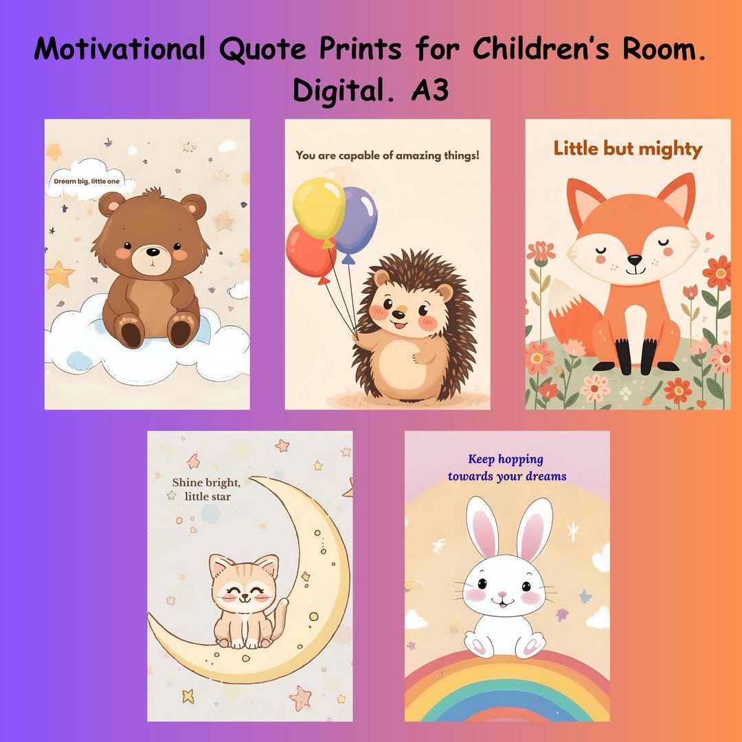 Set of 5 Nursery Wall Art Prints – Cute Animal Posters With ...