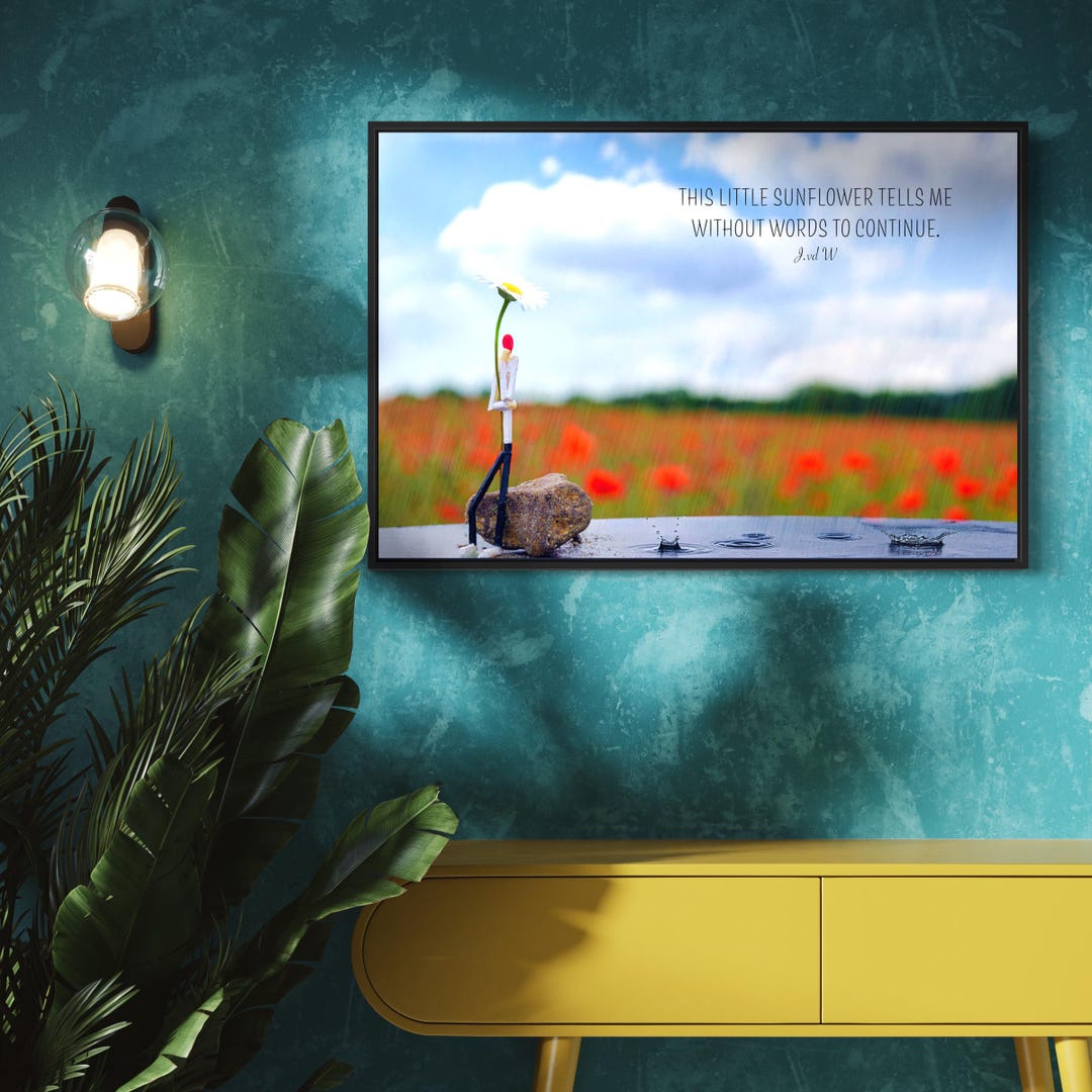 Printable Surreal Art – Matchstick Man With Daisy in Rain, Whimsical ...