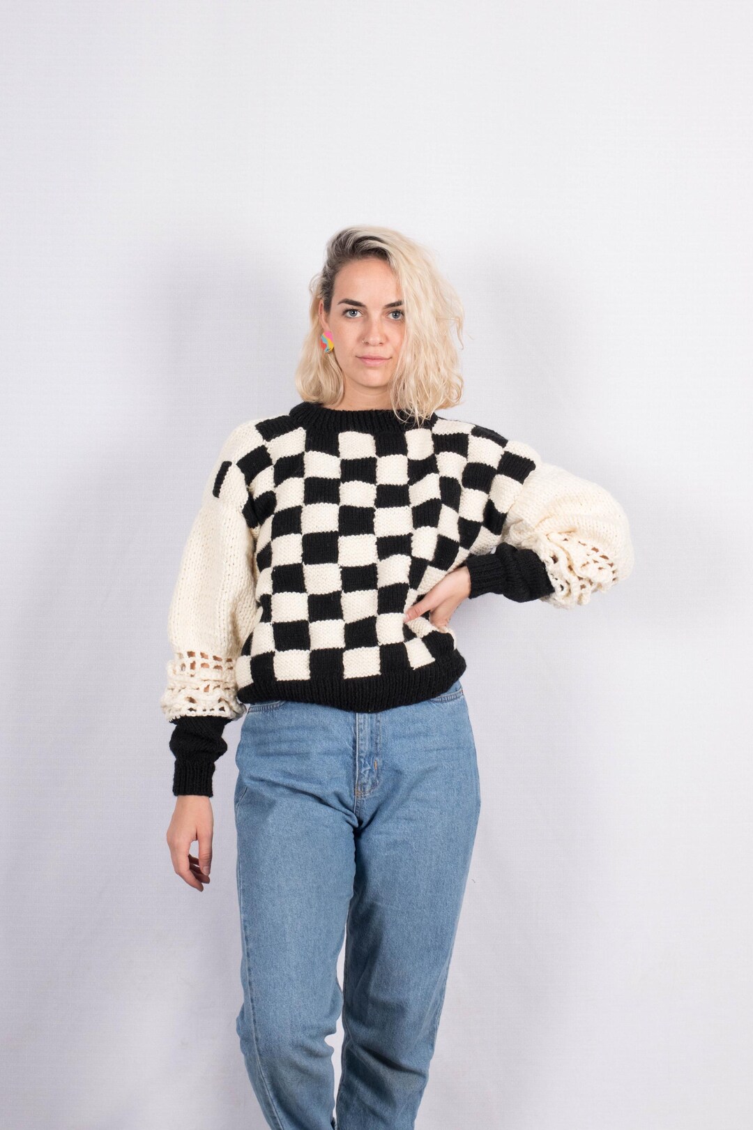 CONDOR SWEATER Hand-knitted in Black and White Wool. Checkerboard Front ...