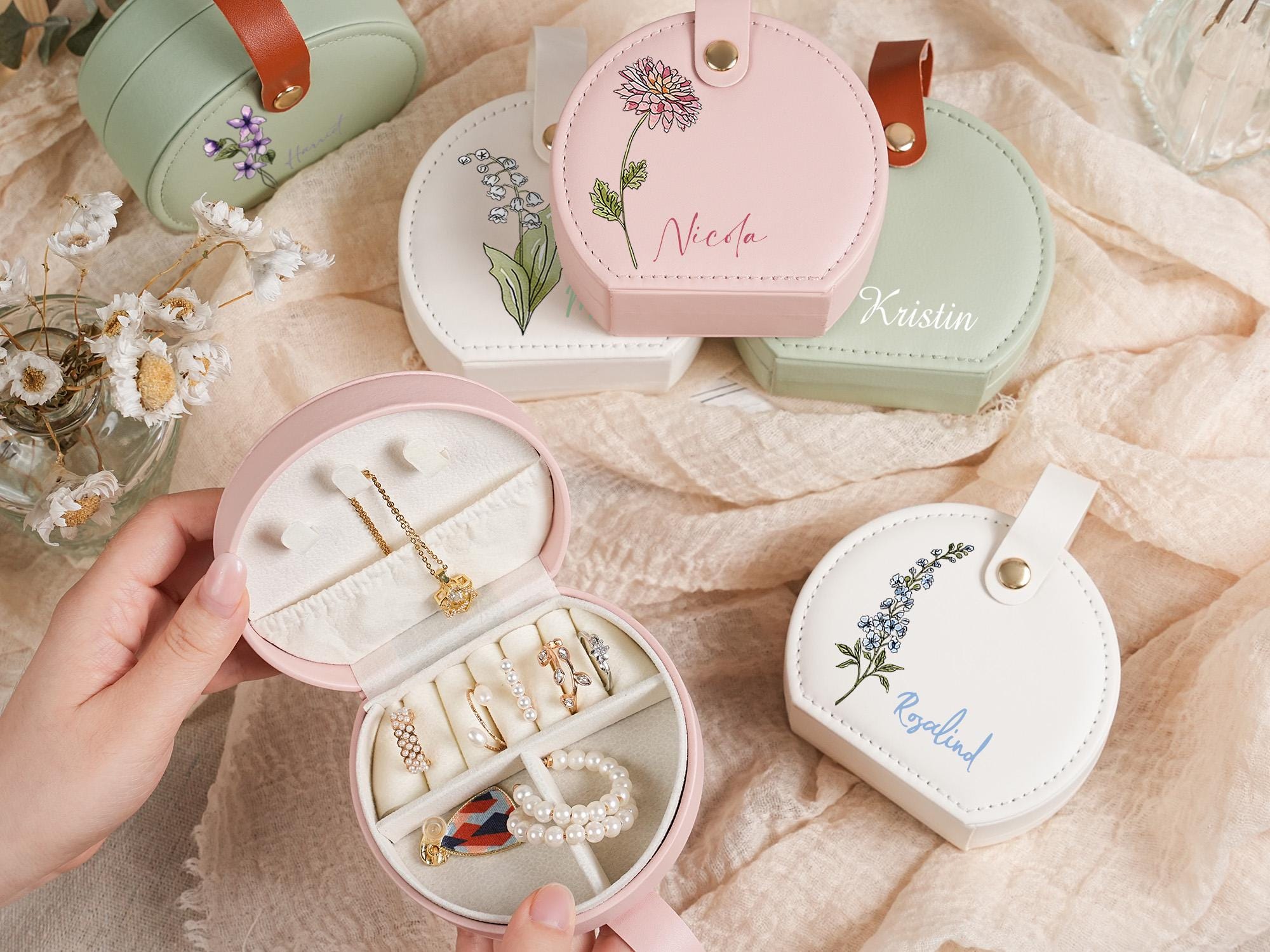 Custom Mini Jewelry Box With Birth Flower & Name,travel Jewelry Box ...
