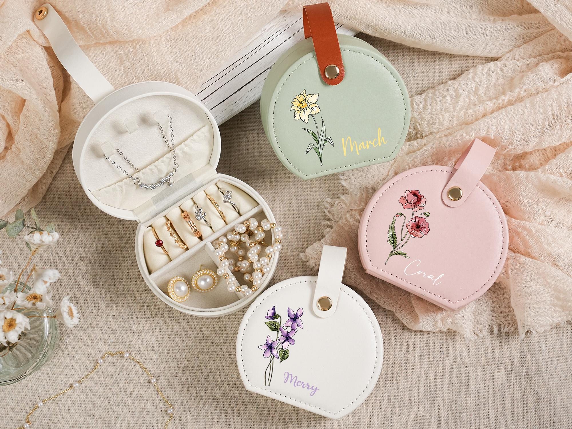 Custom Mini Jewelry Box With Birth Flower & Name,travel Jewelry Box ...