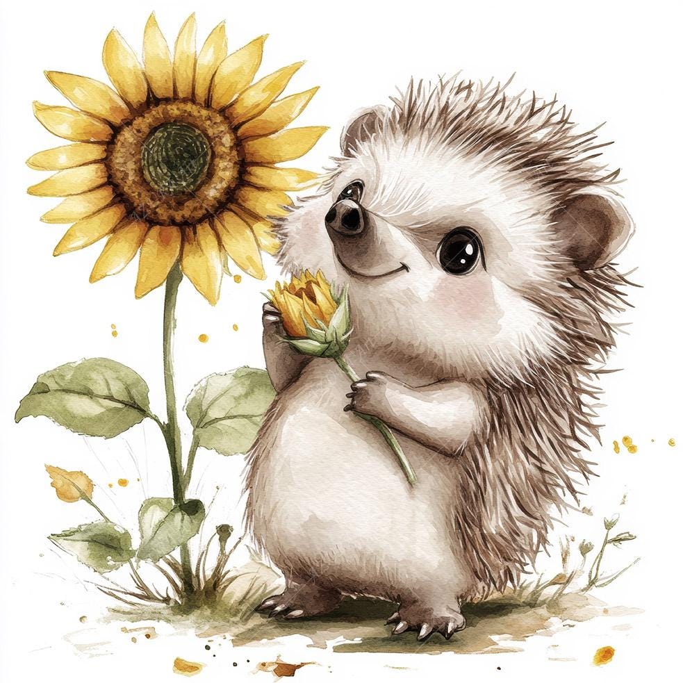 10 Cute Hedgehog With Sunflower Clipart, Kids Room, Wall Art, Printable ...