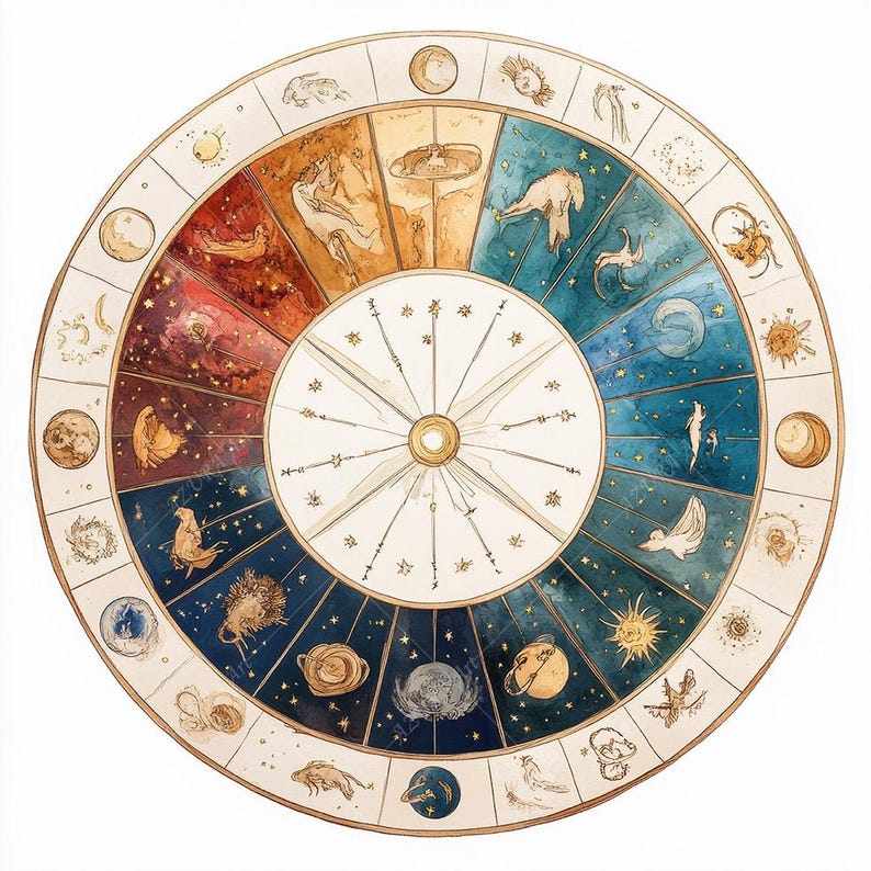 Astrology Wheel Clipart, Celestial Moon Painting (digital Download) - Etsy