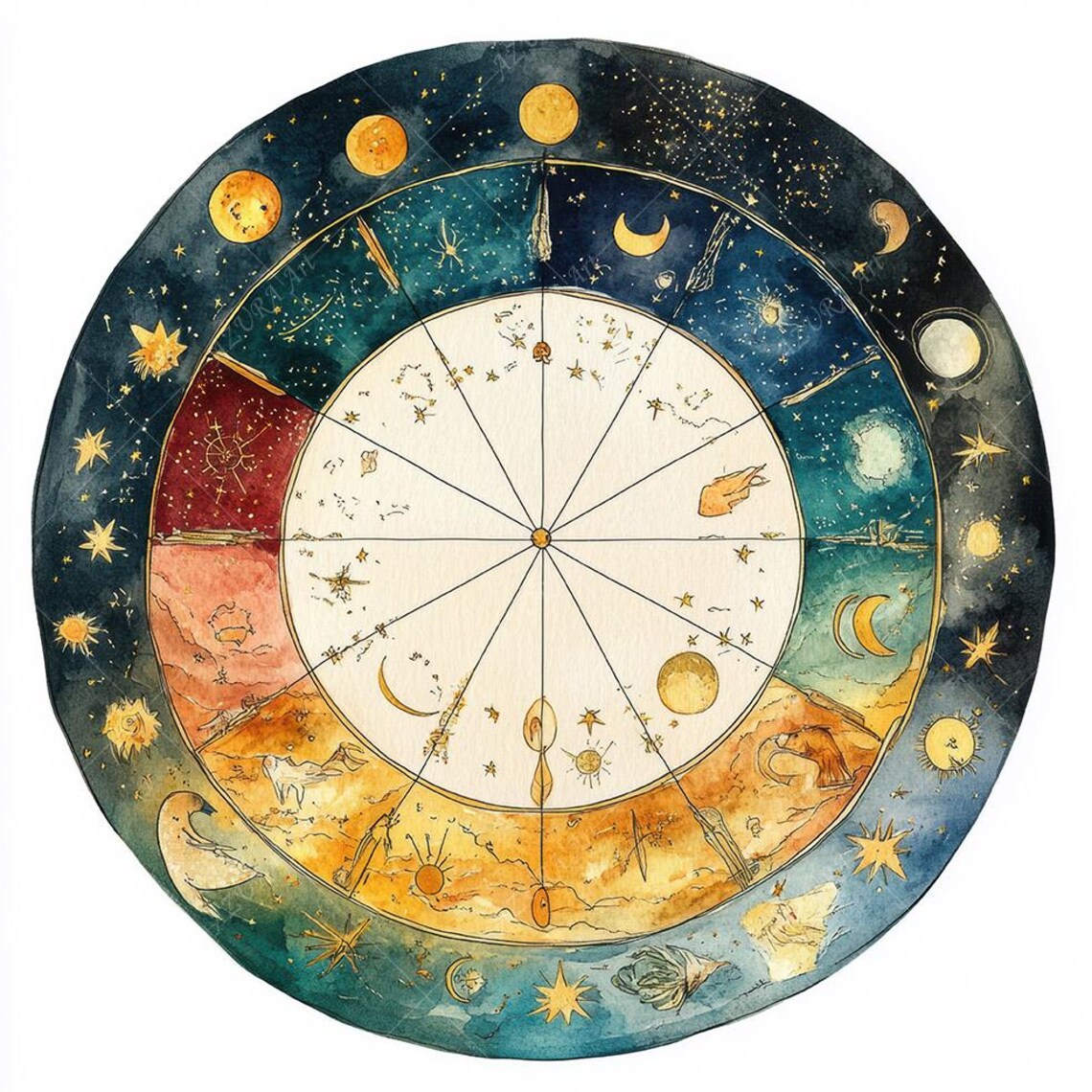 Astrology Wheel Clipart, Celestial Moon Painting (digital Download) - Etsy