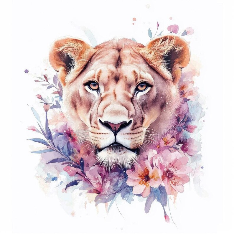 Lion Head With Flowers Clipart, Watercolor Painting (digital Download ...