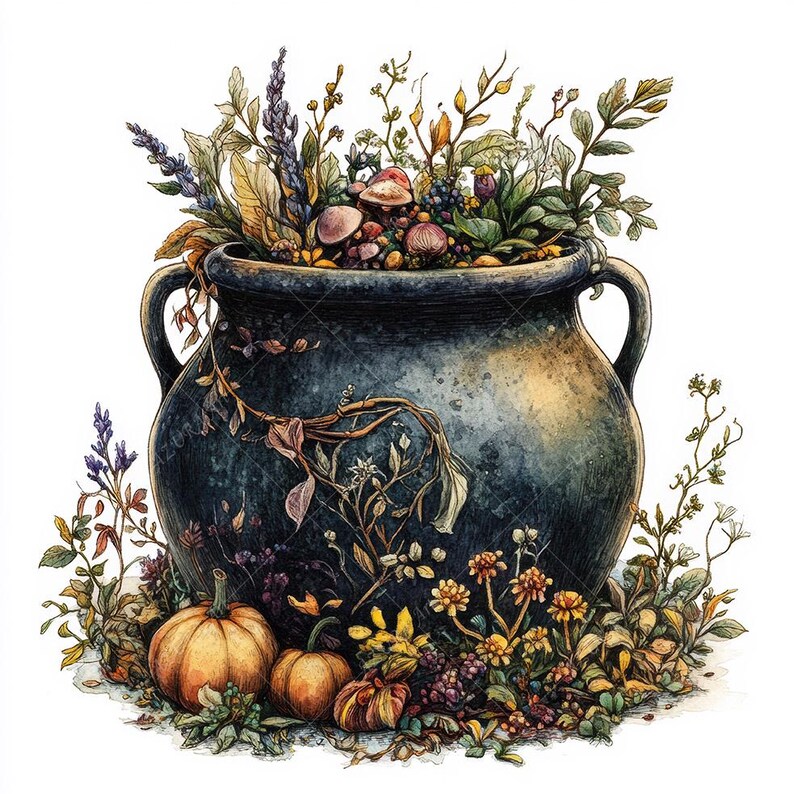 Witch Cauldron Medicinal Plants Clipart, Halloween Art (digital ...