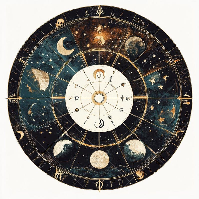 Astrology Wheel Clipart, Celestial Moon Painting (digital Download) - Etsy