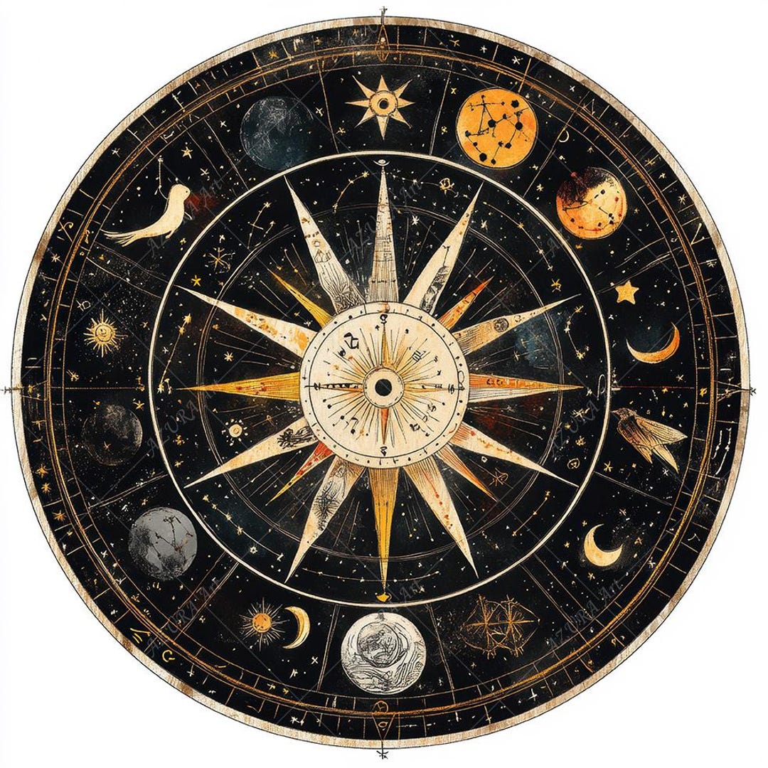 Astrology Wheel Clipart, Celestial Moon Painting (digital Download) - Etsy
