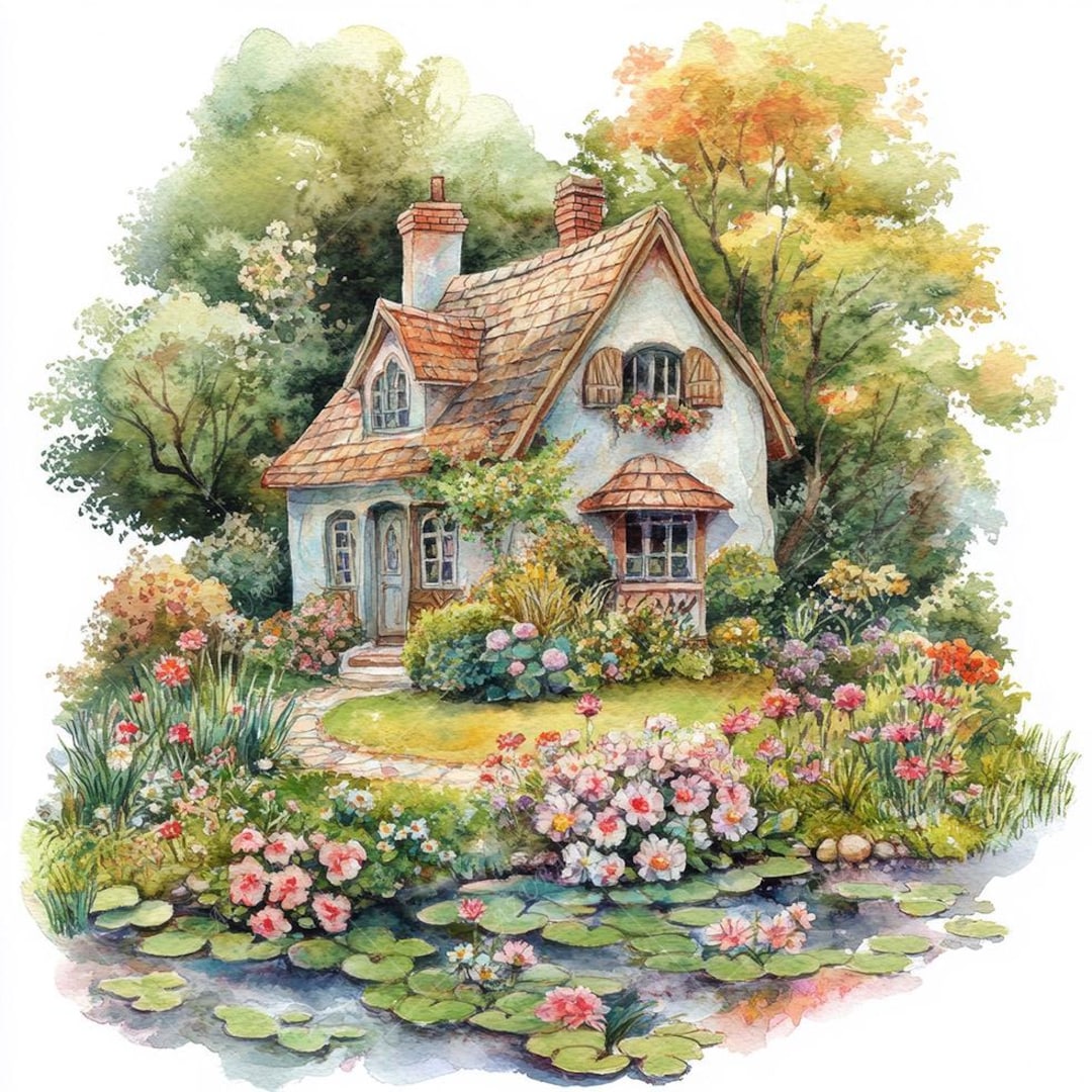 Cottage Watercolor Clipart, Cosy Countryside Illustration (digital ...