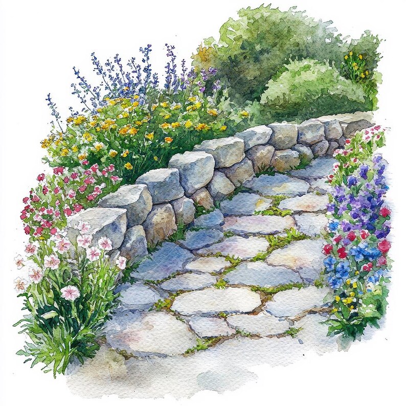 10 Flowered Stone Clipart, Wall Path, Watercolor Painting, Printable ...