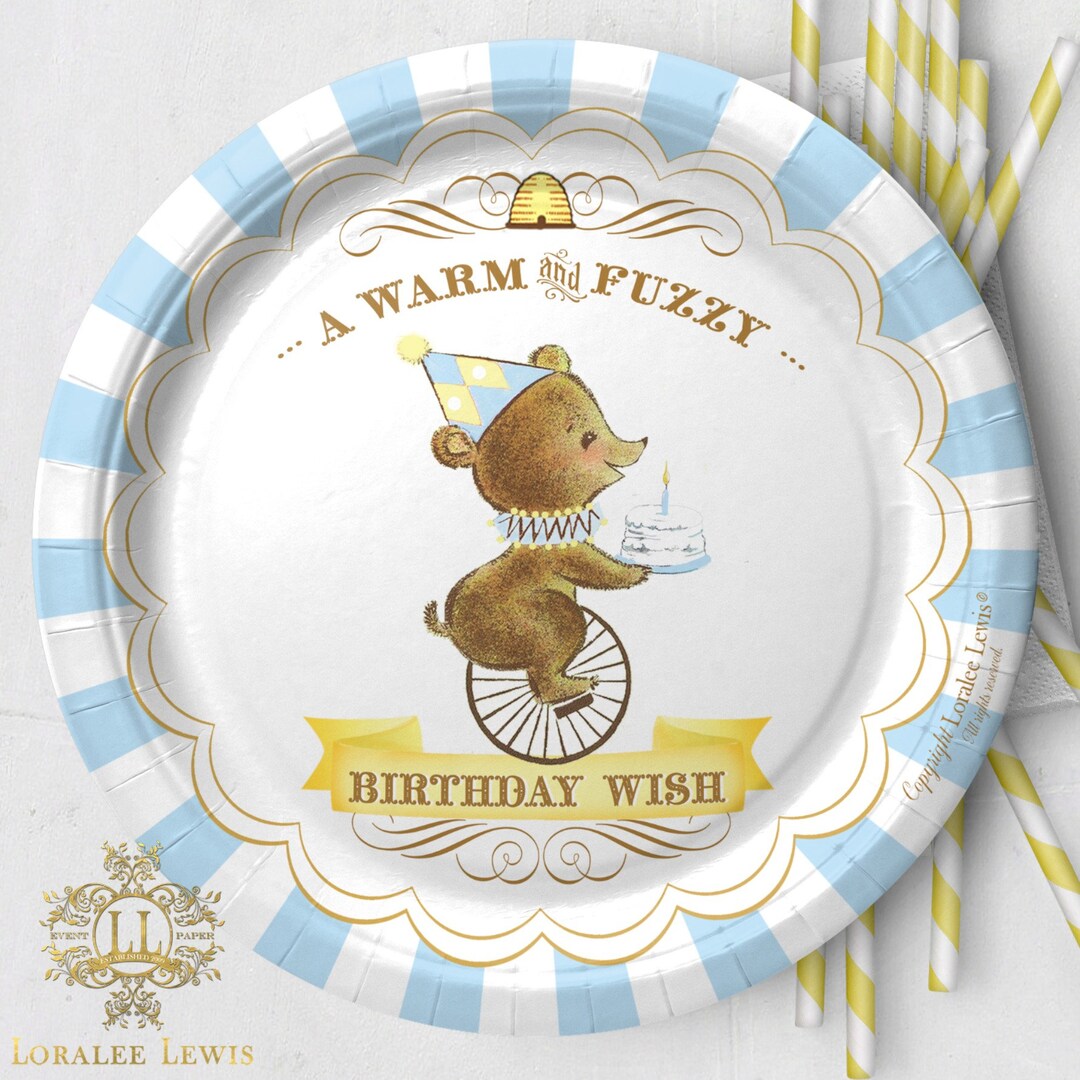 9 Dinner Plate Set . Birthday Bear blue Collection by Loralee Lewis - Etsy