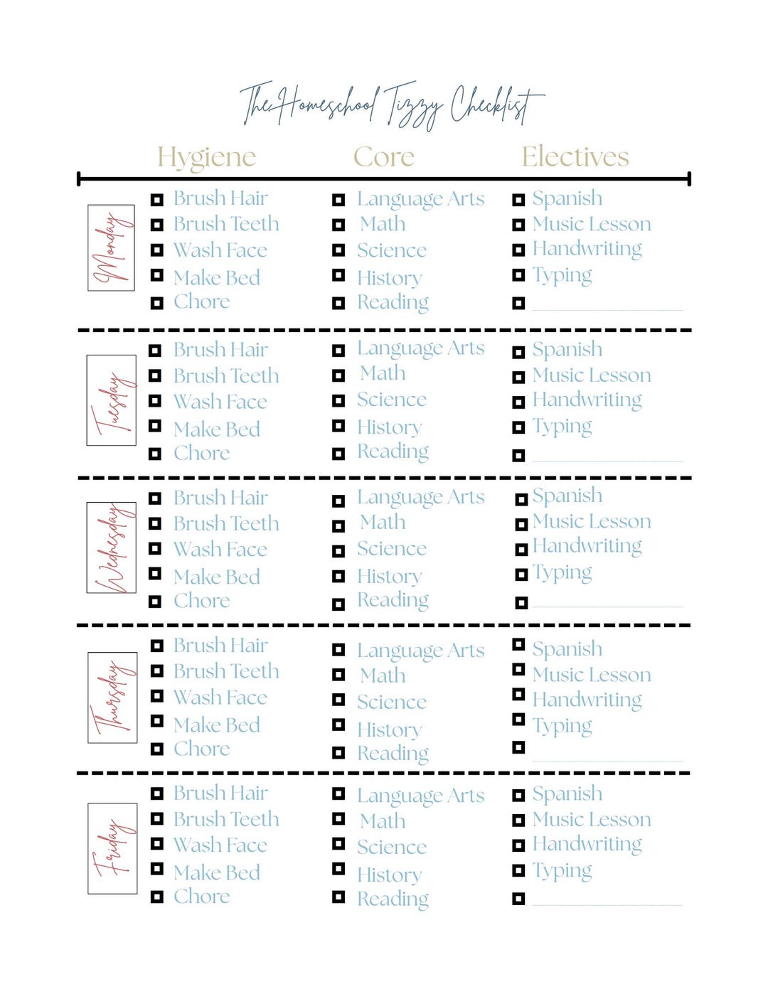 Homeschool Daily Checklist for Tweens & Teens – the Tizzy Routine Sheet ...