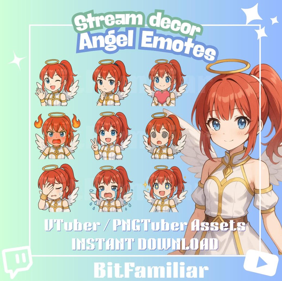 Angel Girl Emote Pack | Red Haired Anime Angel Pngtuber Emotes | Twitch ...