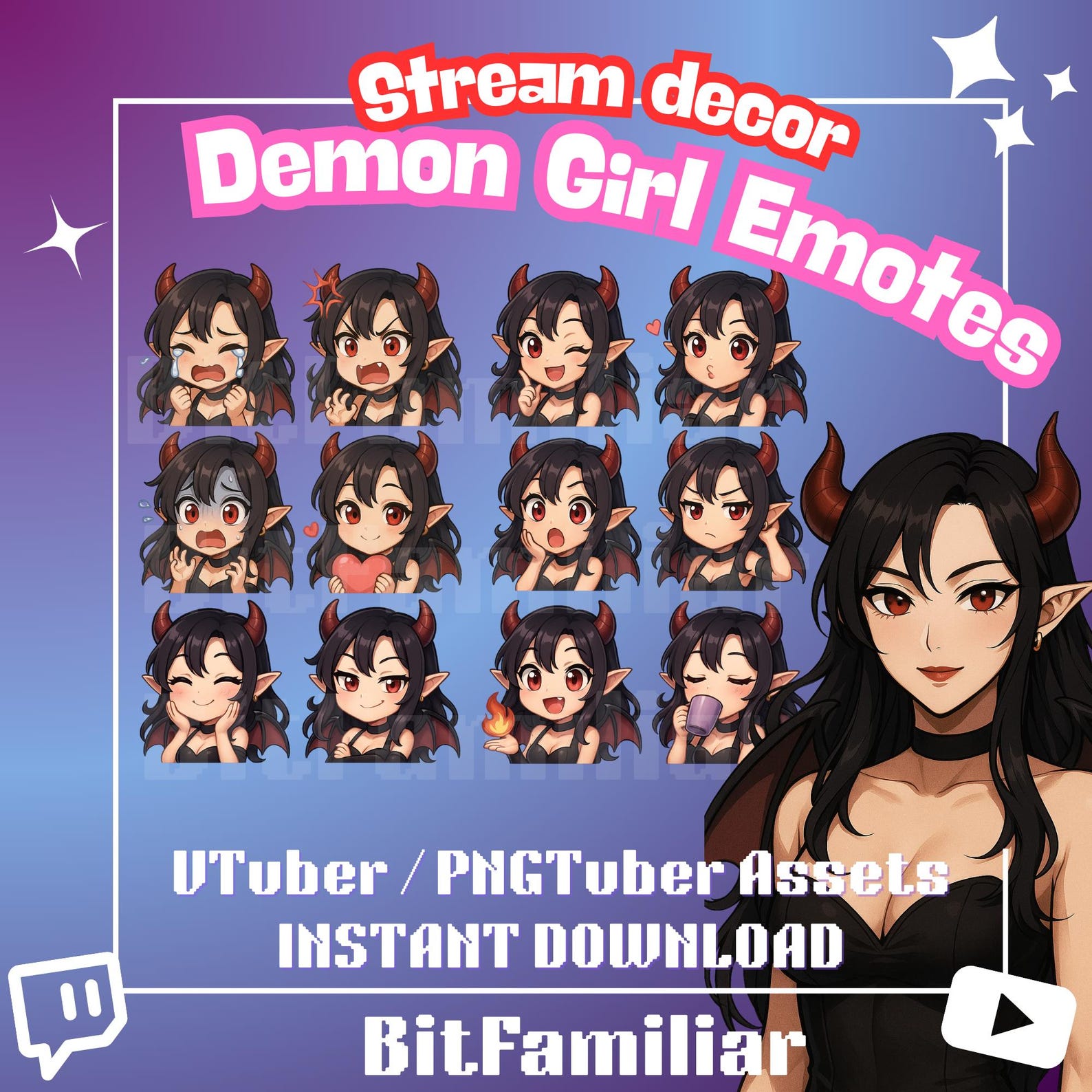 Demon Girl Emote Pack | Pngtuber / Vtuber Assets | Twitch & Discord ...