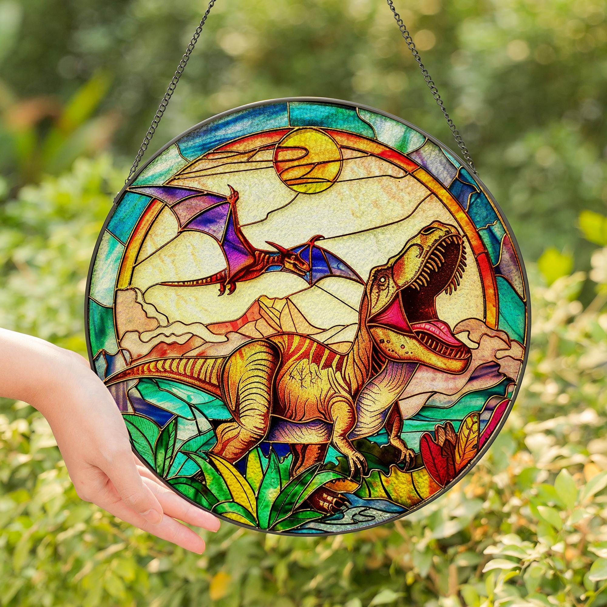 Dinosaur Stained Glass Suncatcher for Boys | T-rex Window Hanging Gift ...