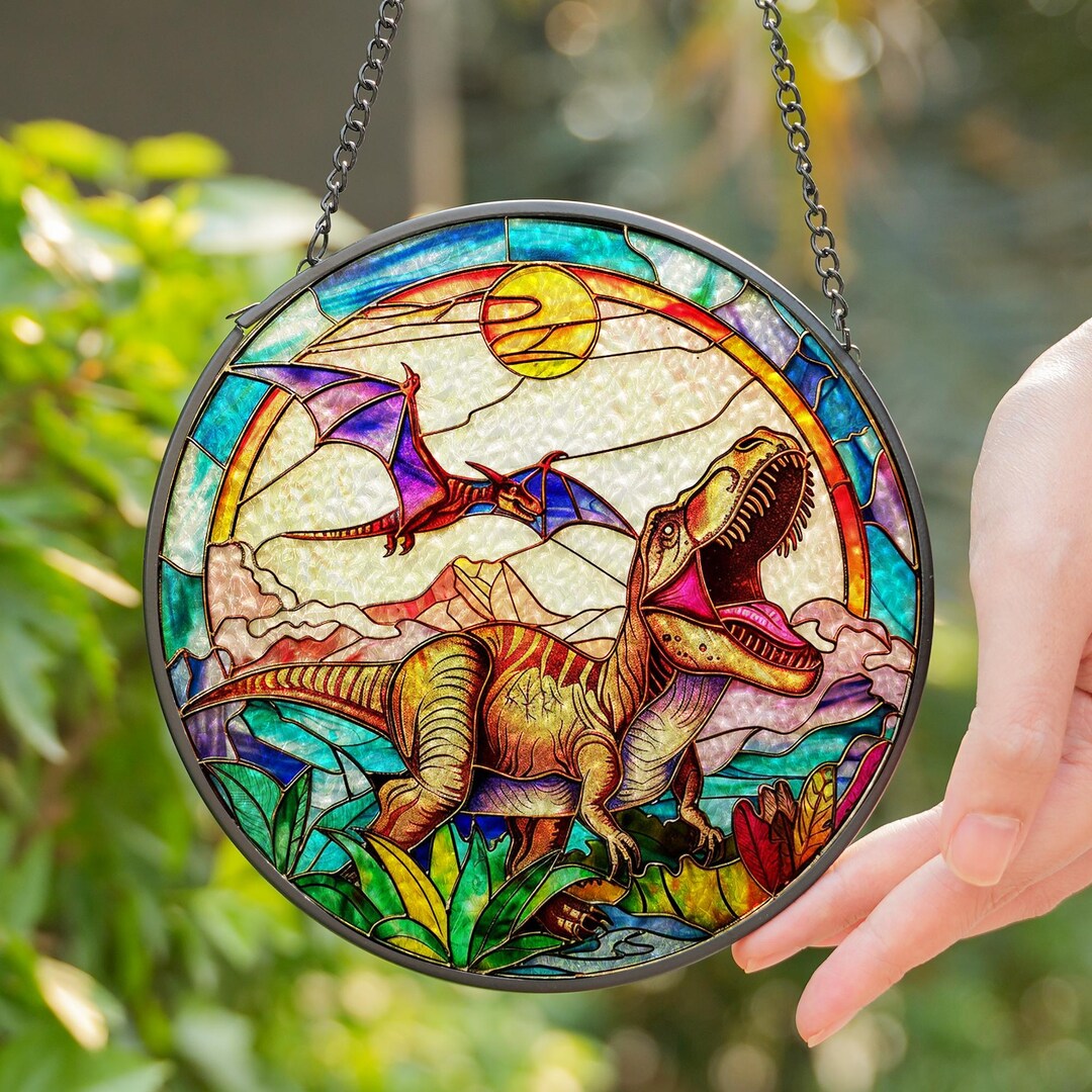 Dinosaur Stained Glass Suncatcher for Boys | T-rex Window Hanging Gift ...