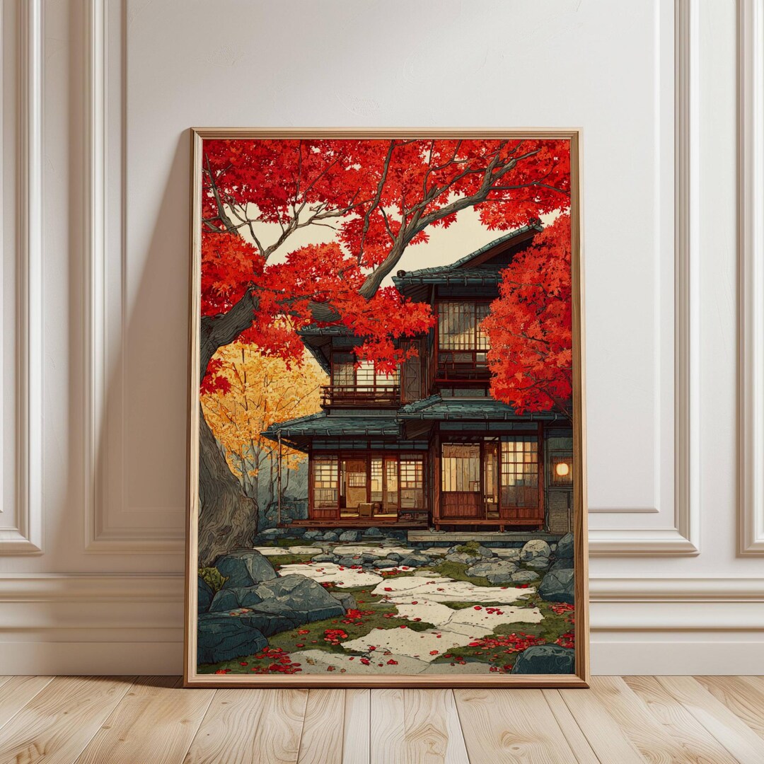 Japanese Ryokan Autumn Print: Zen Garden, Red Maple Tree (digital ...