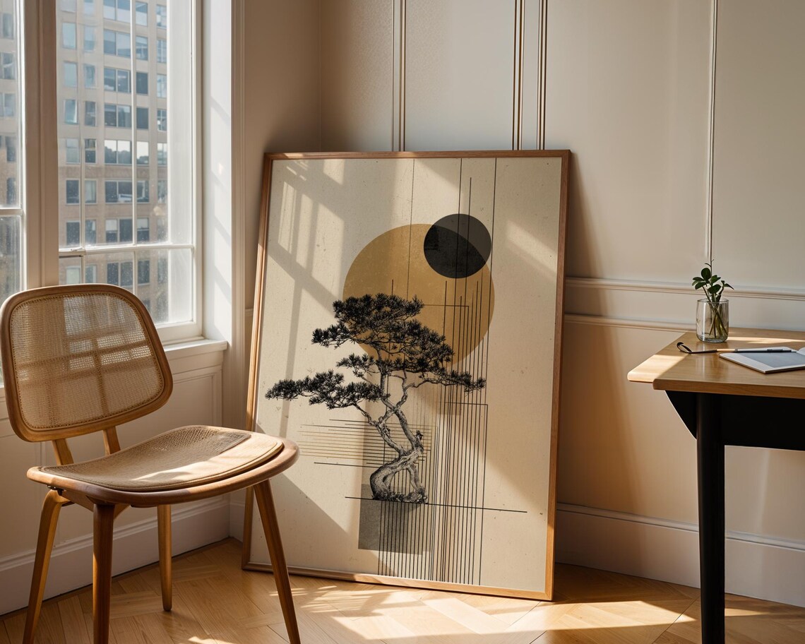 Japandi Bonsai Wall Art – Minimalist Tree Poster With Abstract Lines ...