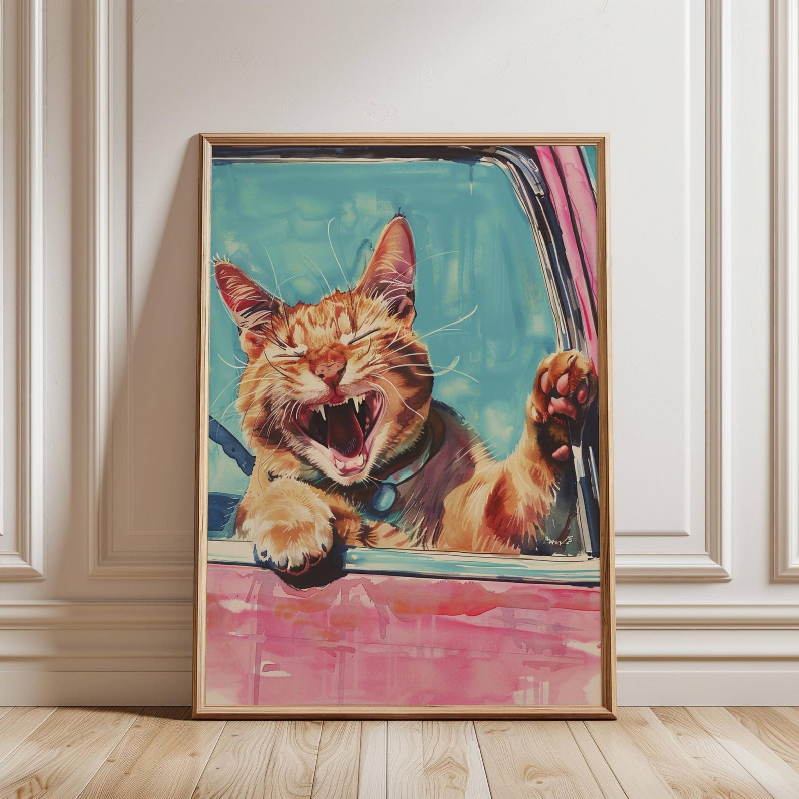 Funny Cat Wall Art | Retro Car Window Poster | Playful Animal Print ...