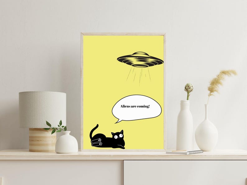 Funny Cat UFO Poster – Alien Space Art Print – Yellow Digital Wall ...