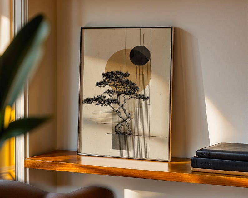 Japandi Bonsai Wall Art – Minimalist Tree Poster With Abstract Lines ...