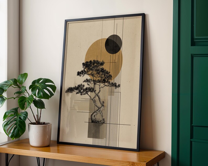 Japandi Bonsai Wall Art – Minimalist Tree Poster With Abstract Lines ...