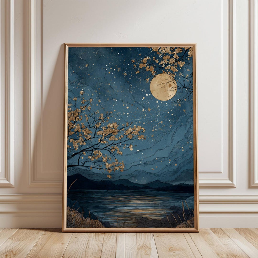 Japanese Moon Art Print | Sakura Night, Starry Lake (digital Download ...