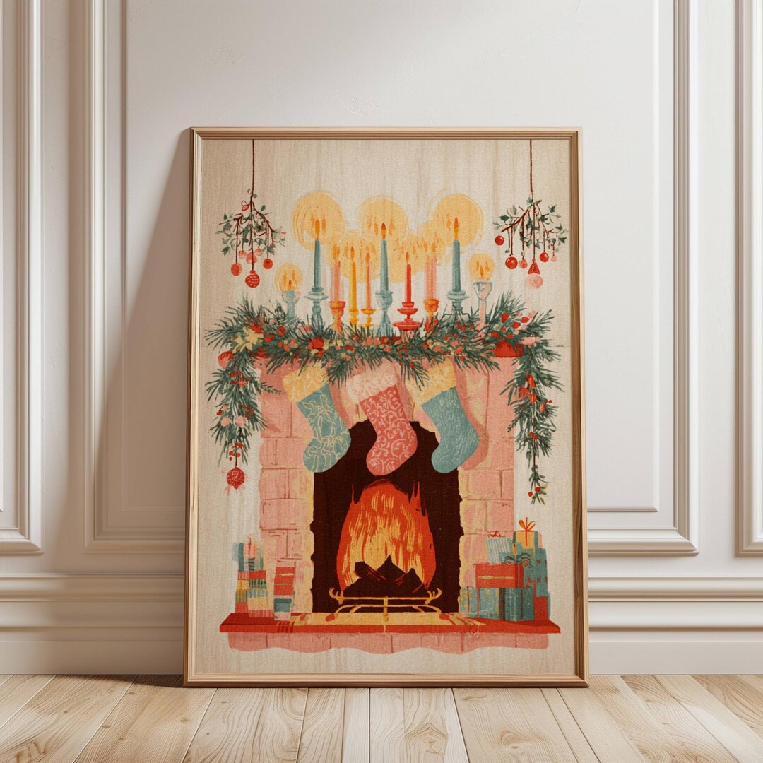 Vintage Christmas Fireplace Wall Art | Cozy Retro Holiday Print | 70s ...