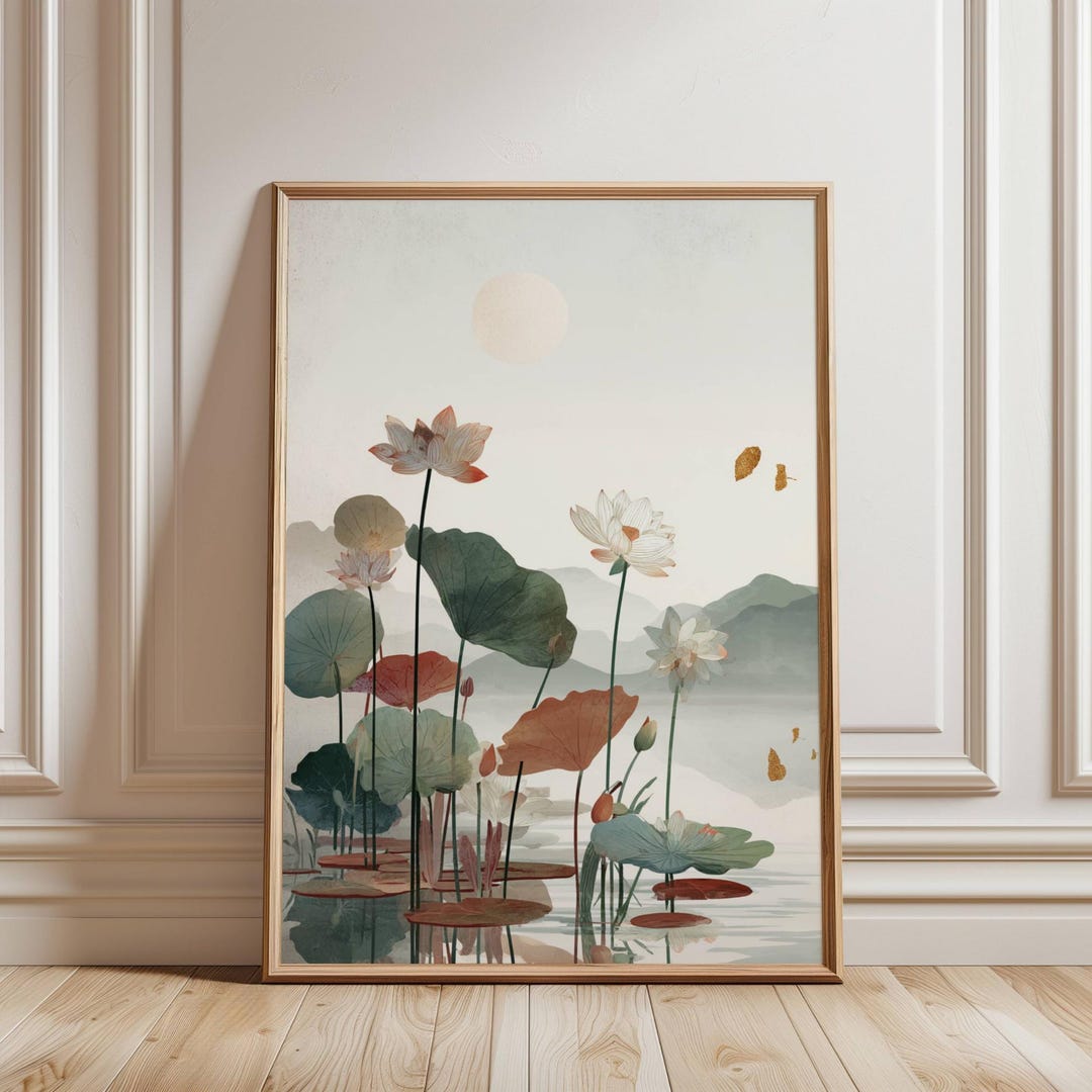 Japandi Lotus Wall Art – Zen Lake Japanese Print, Minimalist Wall Decor ...