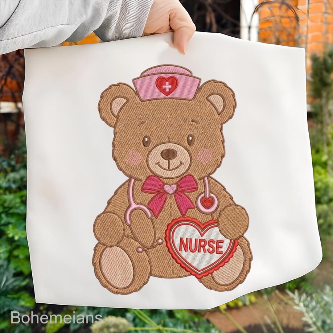 Nurse Teddy Bear Embroidery Design, Cute Nursing Bear With Heart ...