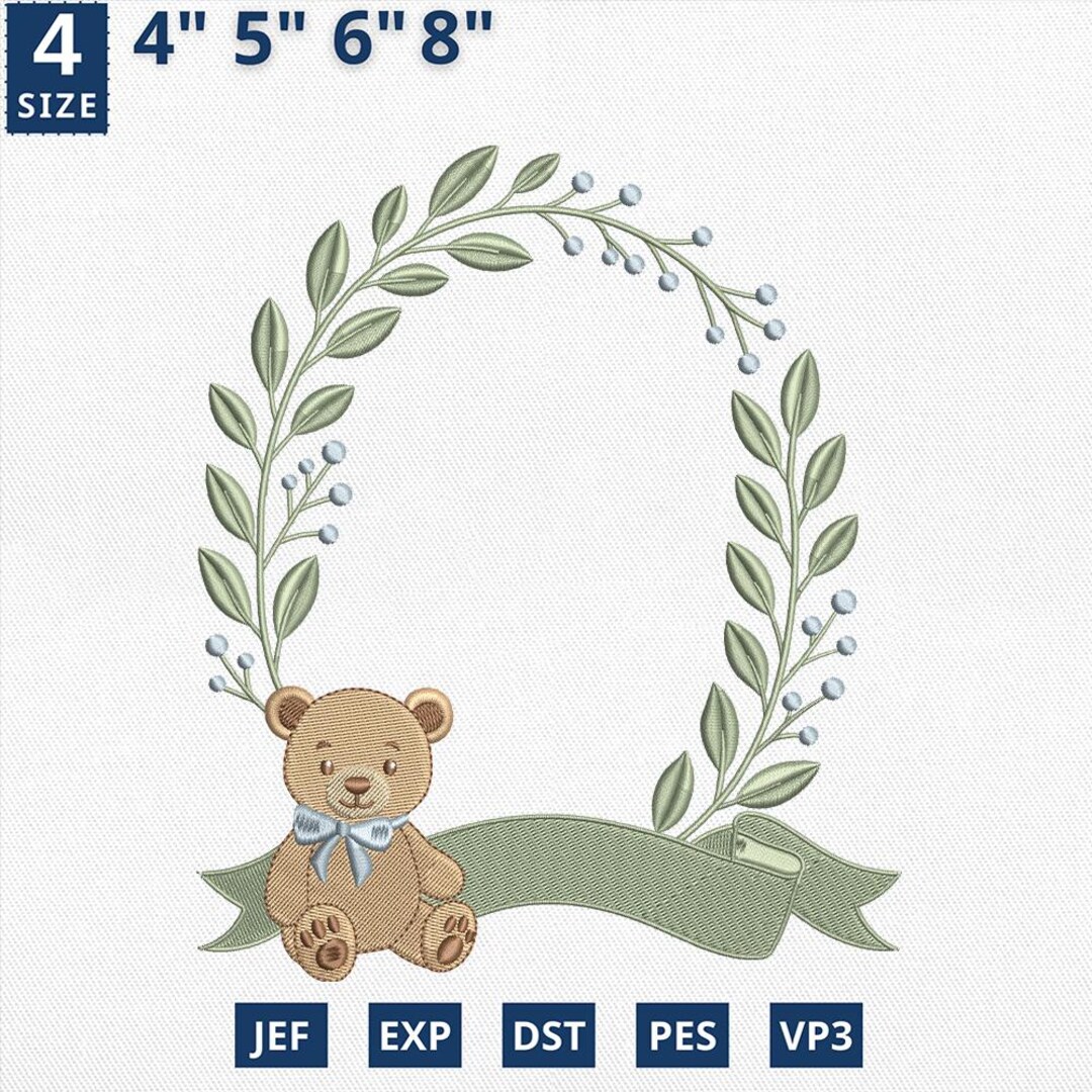 Bear Monogram Frame Embroidery Design, Teddy Bear Wreath Crest ...