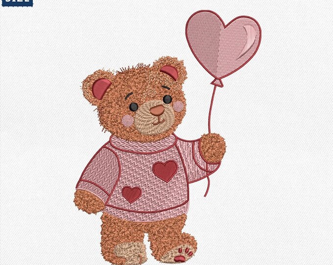 Valentine Cute Teddy Bear Embroidery Design, Sweet Heart Balloon Bear ...